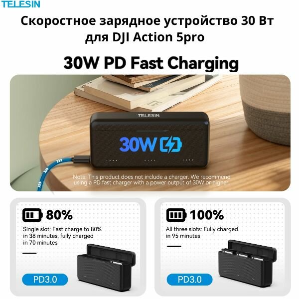Telesin charging box 30W, Скоростное зарядное устройство 30 Вт DJI Action 5pro