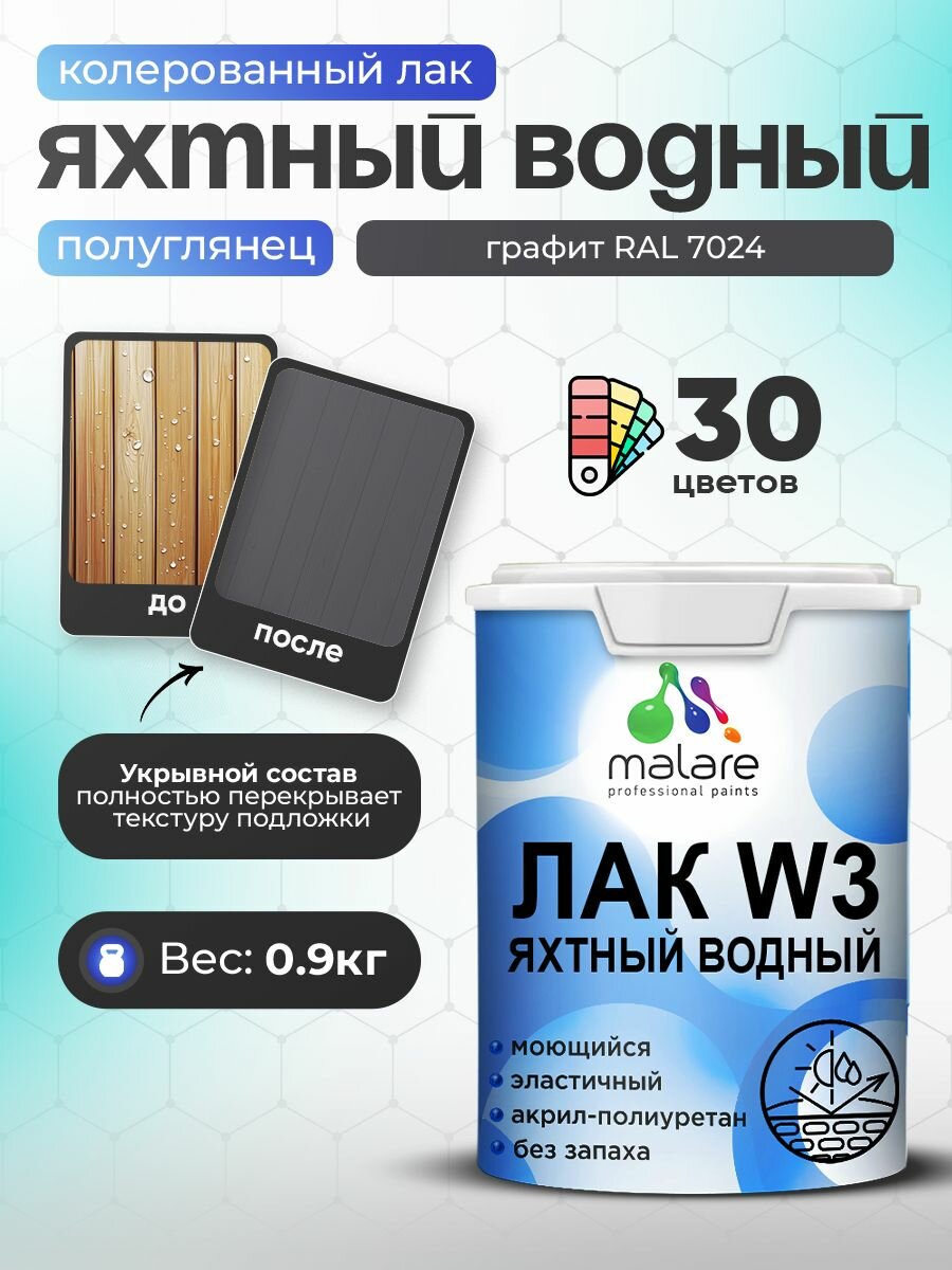 Лак колерованный укрывной яхтный Malare W3 для деревянных и минеральных поверхностей, водный без запаха быстросохнущий, полуглянцевый RAL 7024 графит, 0.9 кг.