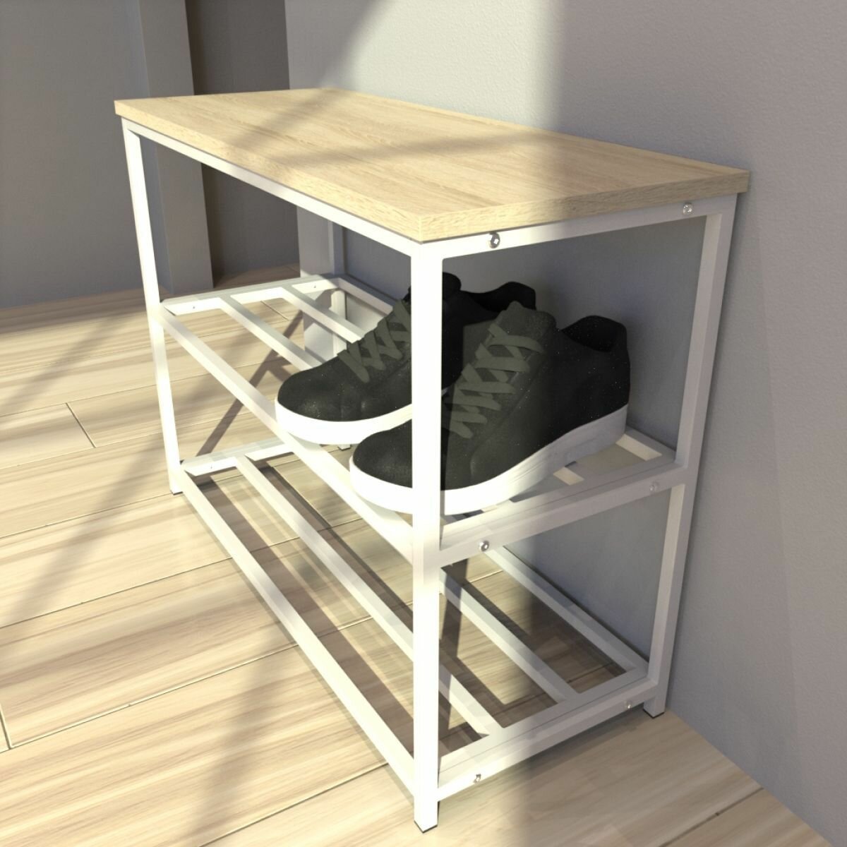 Обувница с сидением Позитив Спецторг , стиль Лофт разборная 3 полки, цвет: Белый / Сонома светлая