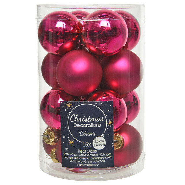 Набор стеклянных шаров 3.5 см малиновая фуксия mix, 16 шт, Winter Deco, 010709/1001398
