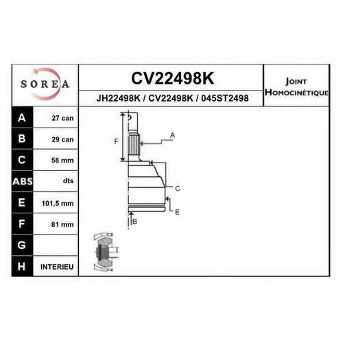 ШРУС Eai CV22498K для Citroen C8; Fiat Ulysse; Peugeot 807