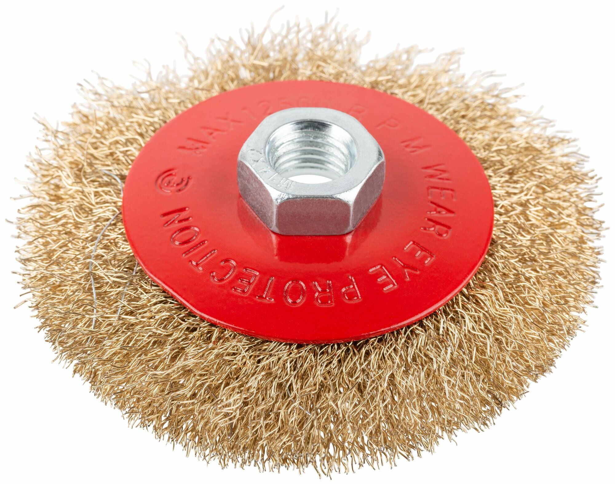 Корщетка-колесо с наклоном, гайка М14, стальная латунированная волнистая проволока 100 мм, блистер