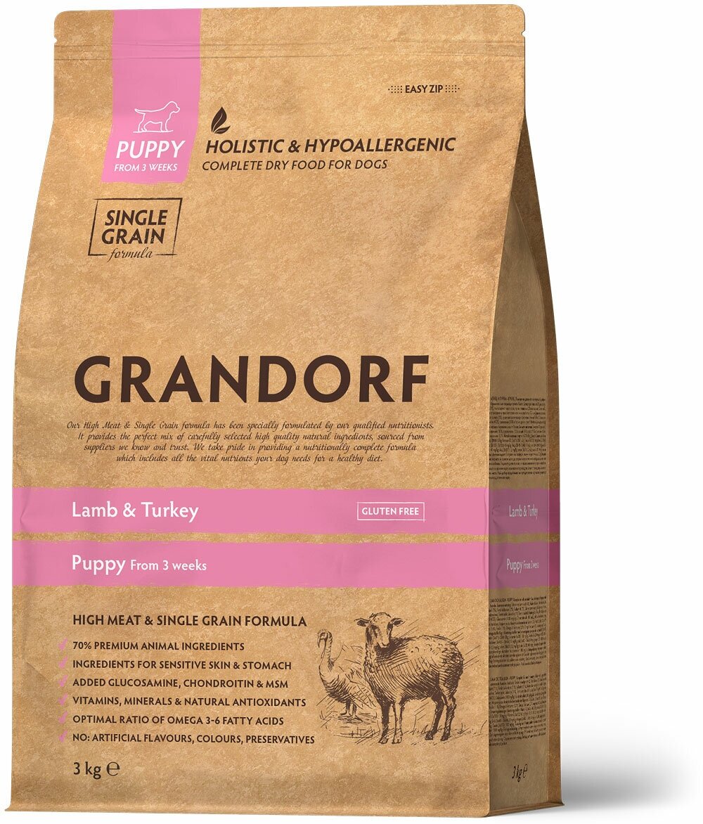 Сухой корм Grandorf Puppy Lamb & Turkey с ягненком и индейкой для щенков, беременных и кормящих собак, 3 кг.