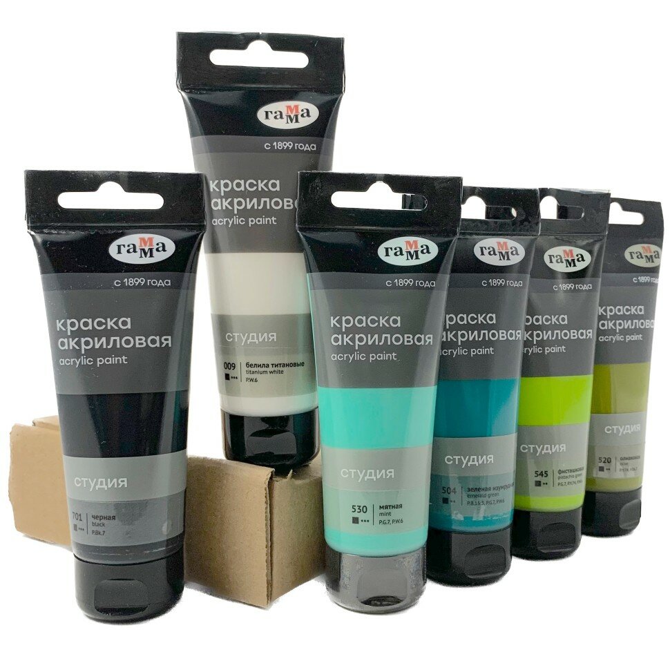 Акрил 6 туб по 75 мл / 4 Зелёных, Белая и Чёрная, Студия, артикул ГМ-280220-009.504.530.520.545.701