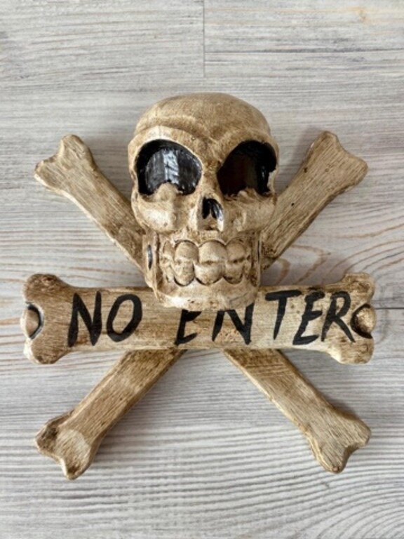NO ENTER (НЕ входить), Табличка на дверь в виде черепа (дерево албезия, 26 на 26 см.), 1 шт.
