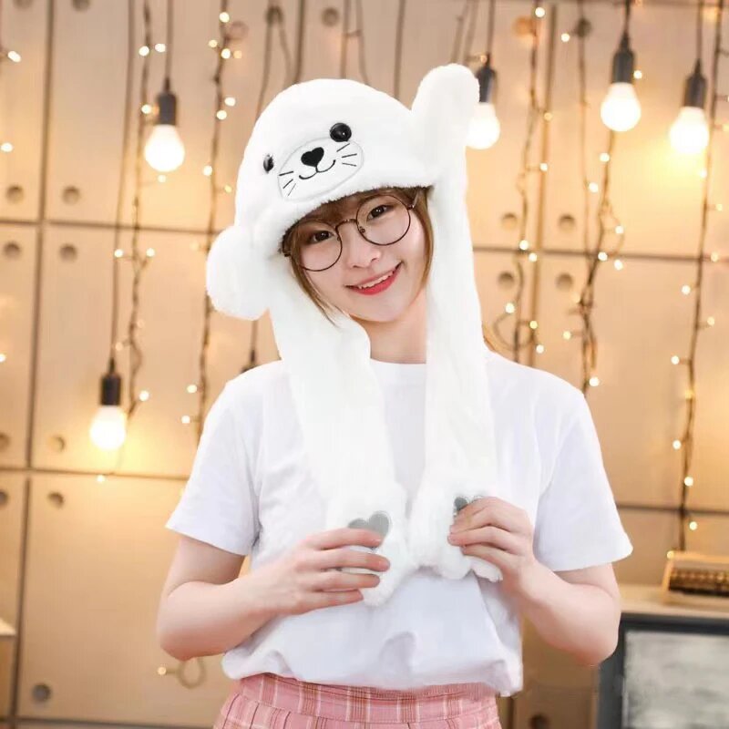 Плюшевая шапка-кролик с движущимися ушами Белый, sea lion