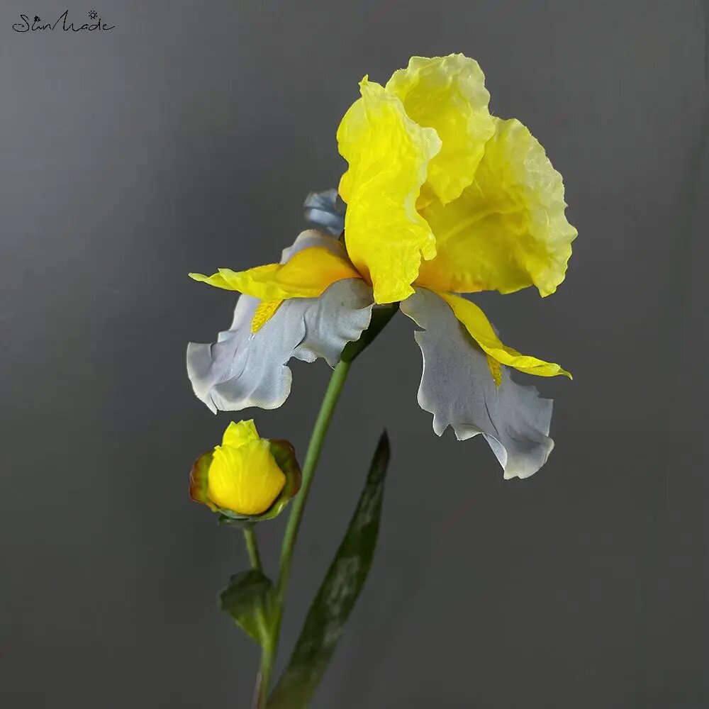 SunMade Ирис с листьями шелковые искусственные цветы Желтый, Yellow Grey