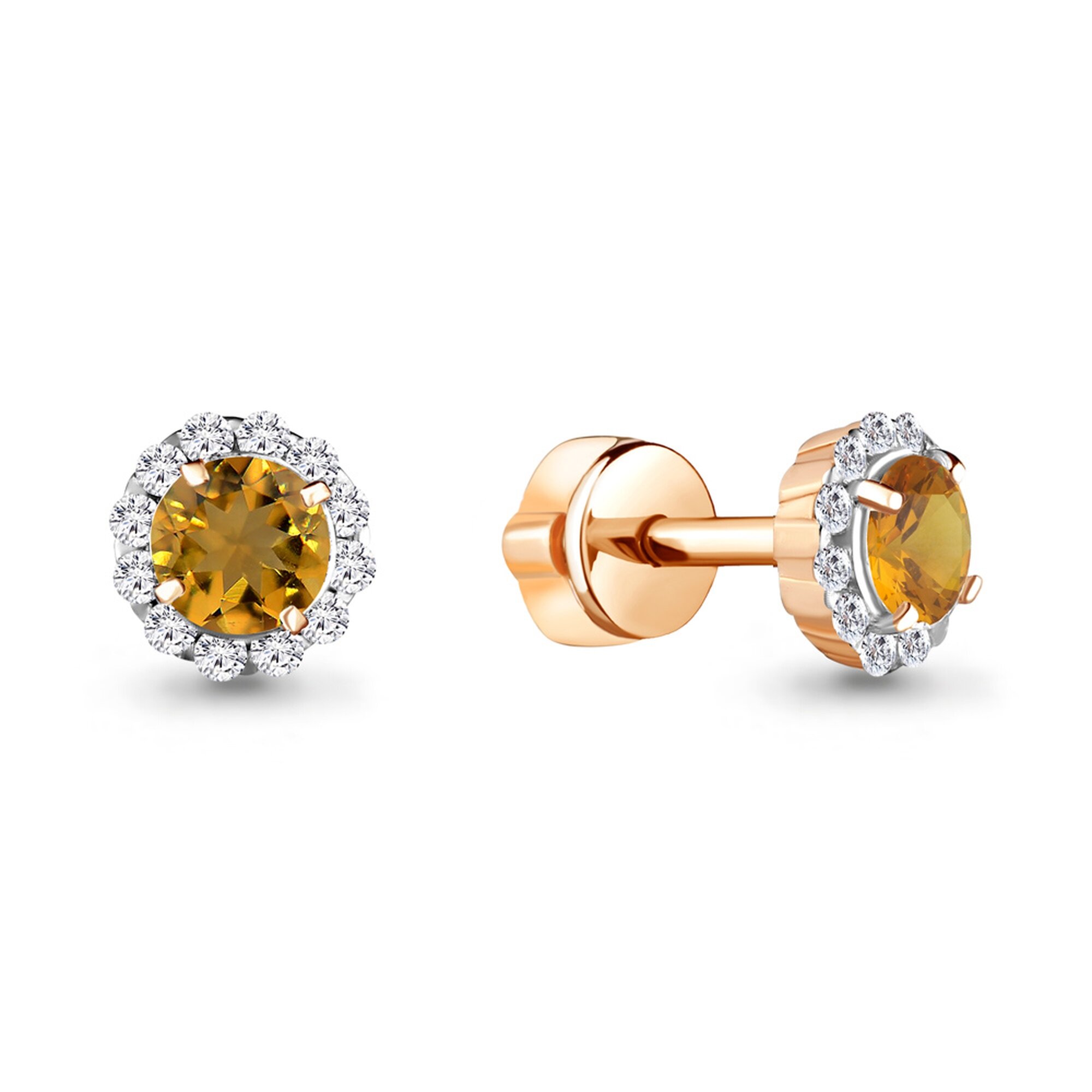 Серьги пусеты, серебро, 925 проба, золочение, цитрин, фианит