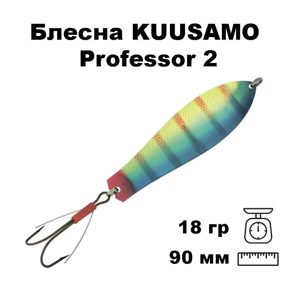 Блесна колеблющаяся (колебалка) Kuusamo Professor 2, 90мм, 18гр. незацепляйка BLU/GR-B, UV