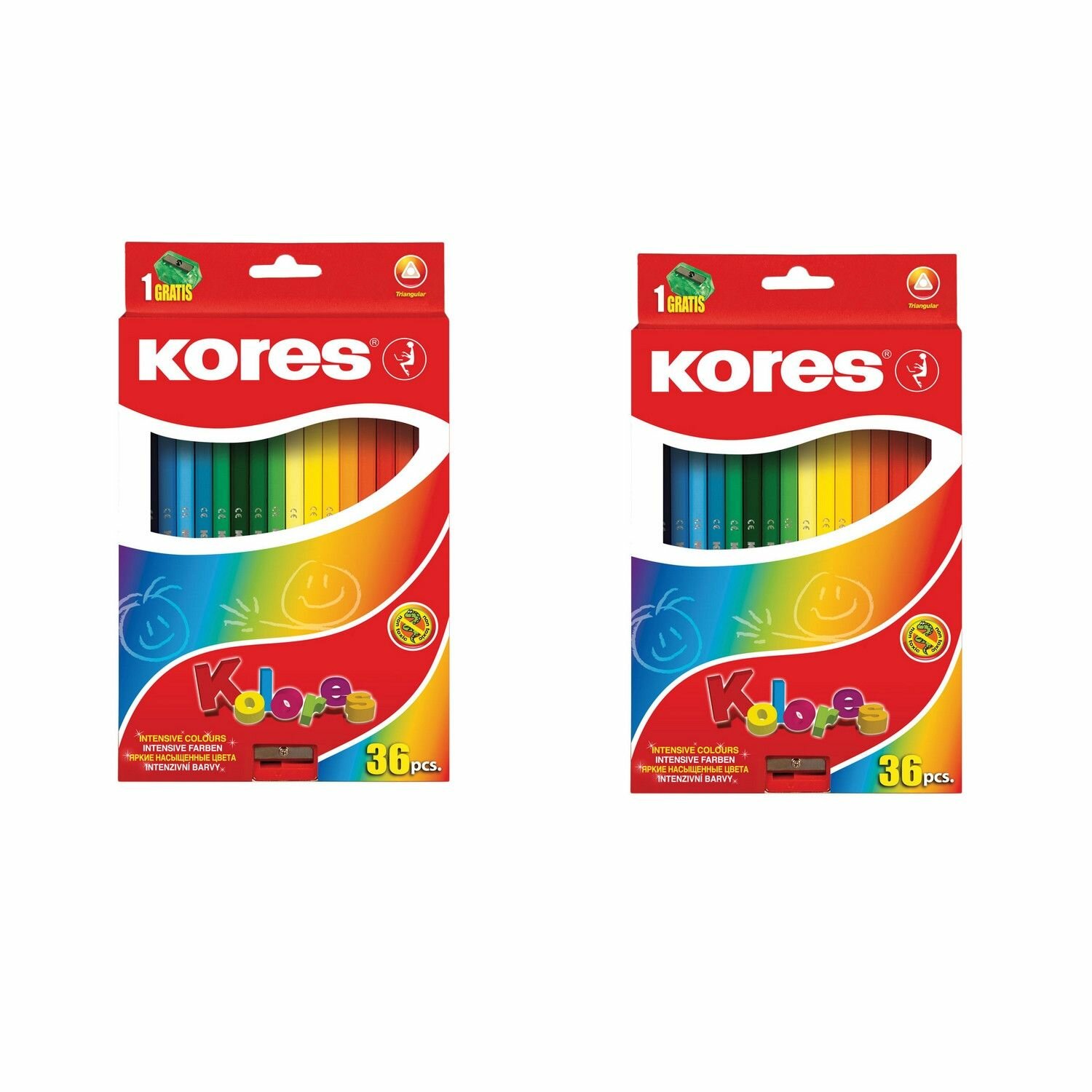 Kores Карандаши цветные 36 цвета, 3-х гранные, точилка, 2 уп.