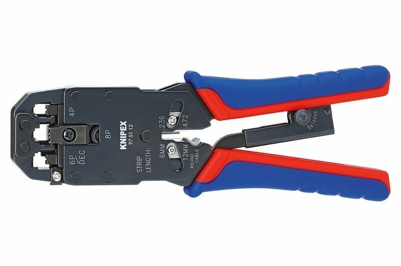 Knipex Пресс-клещи для штекеров RJ (Western), 3 гнезда, RJ 10 (4-pin), RJ 11/12 (6-pin), RJ 45 (8-pin), 200 мм, KN-975112