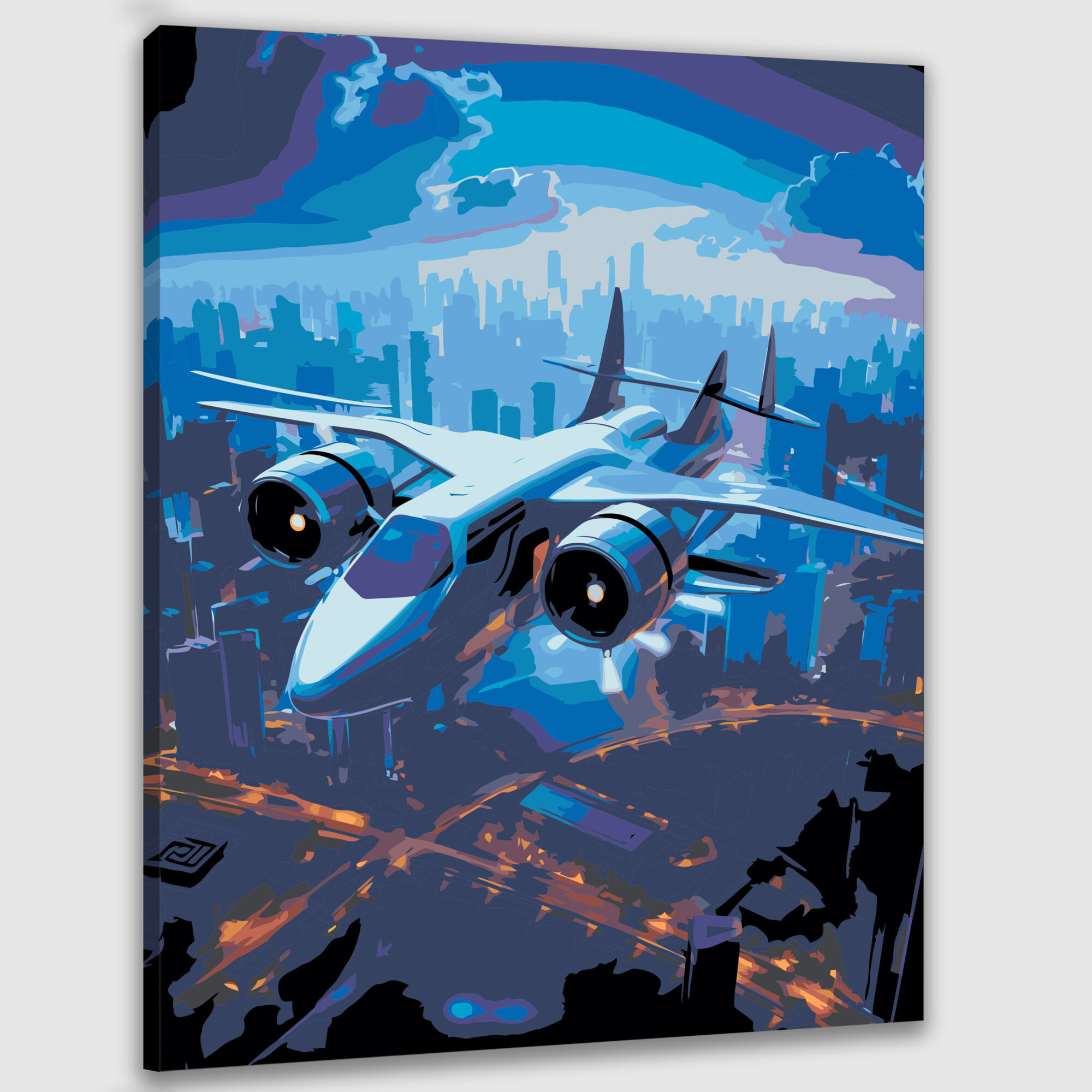 Картина по номерам 40x50 см, фотореалистичный, 3D-рендер, самолет, City Flanker, высокотехнологичный, парящий