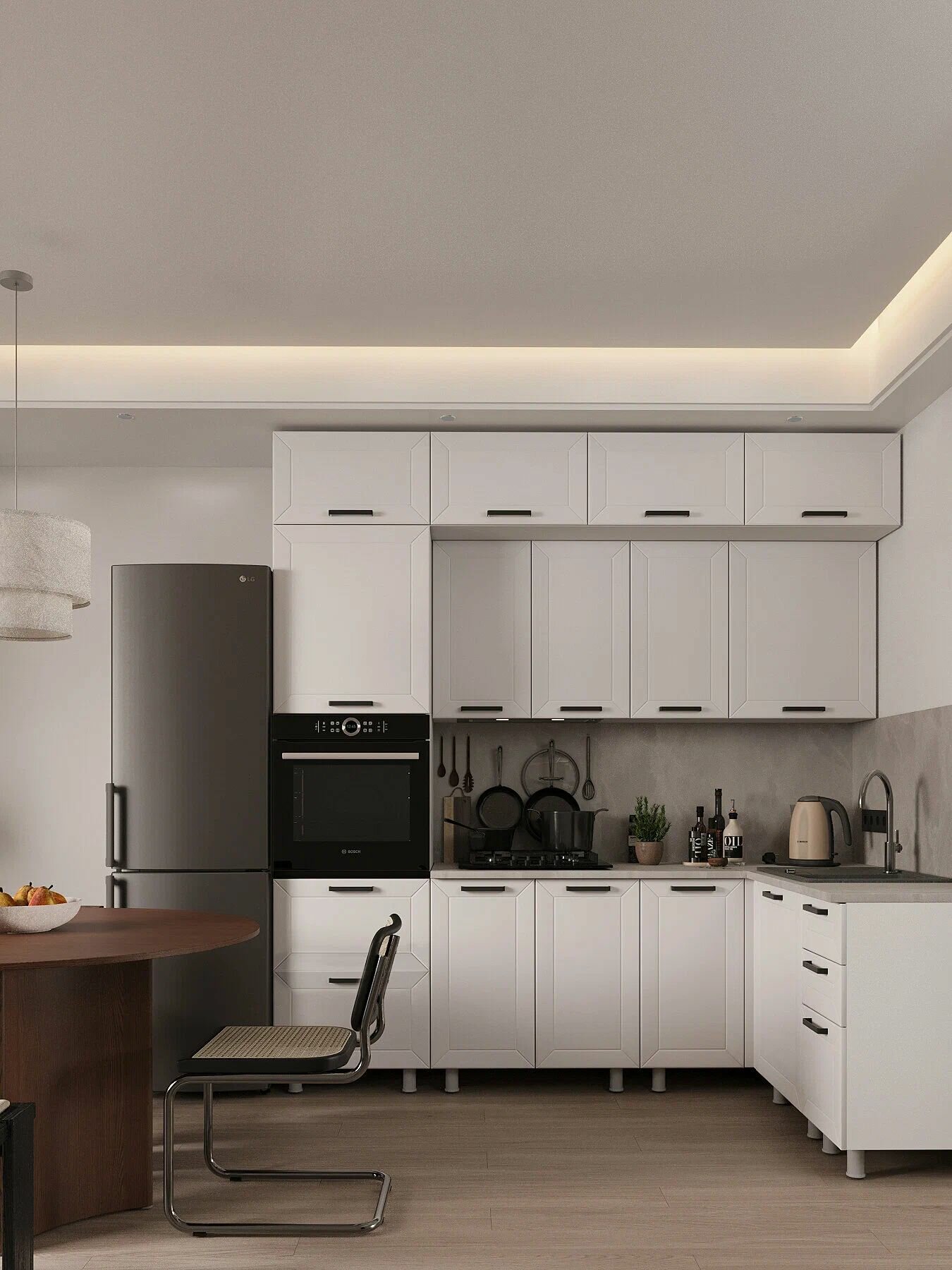 Кухонный гарнитур угловой Лилия МДФ/ЛДСП 2.4х1.6 м, Белый/Молочный, без столешницы