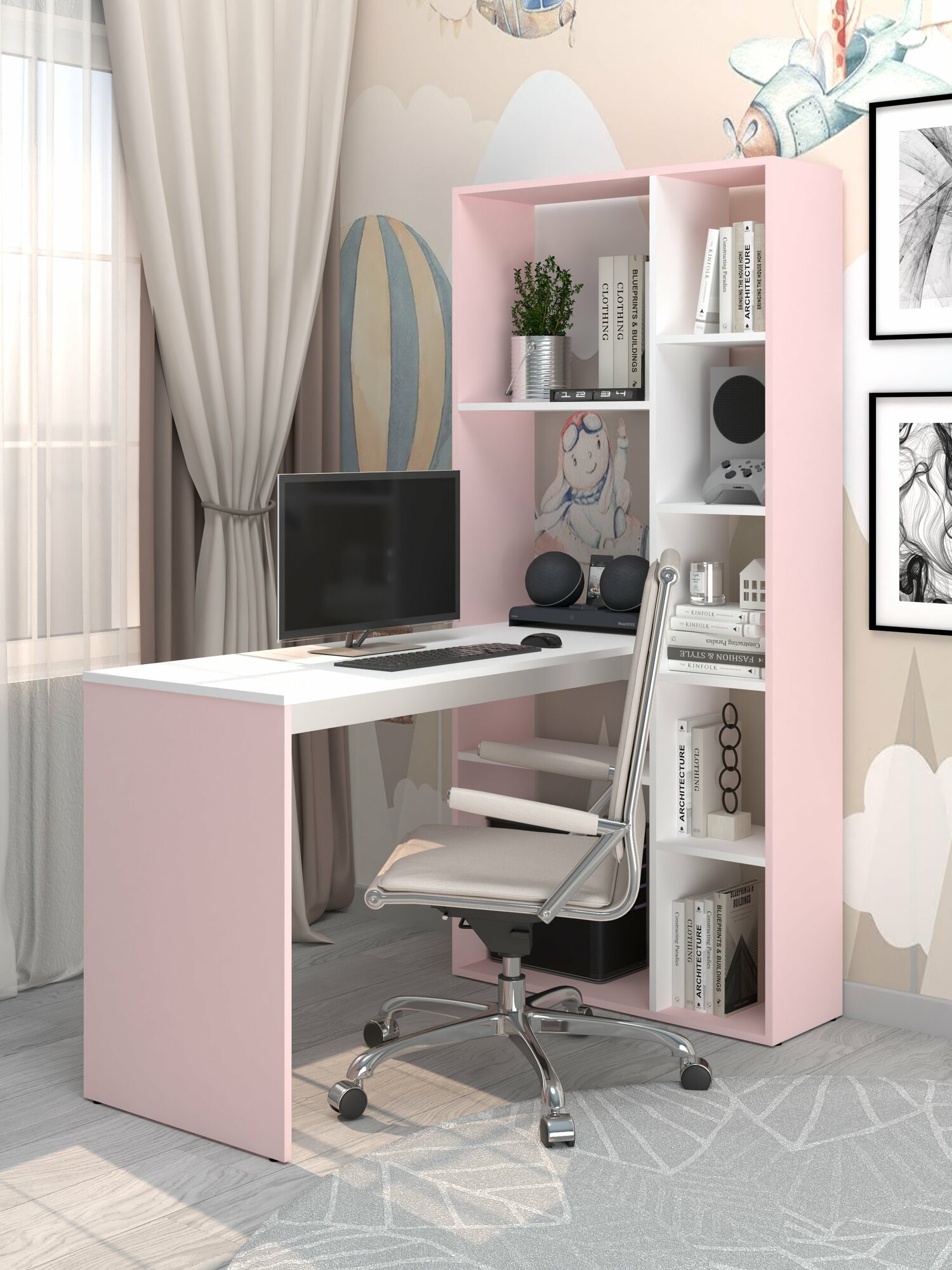 Есэндвич Лаворо 13 Компьютерный стол со стеллажом 130х170х80 см (Белый/Розовый кварц)