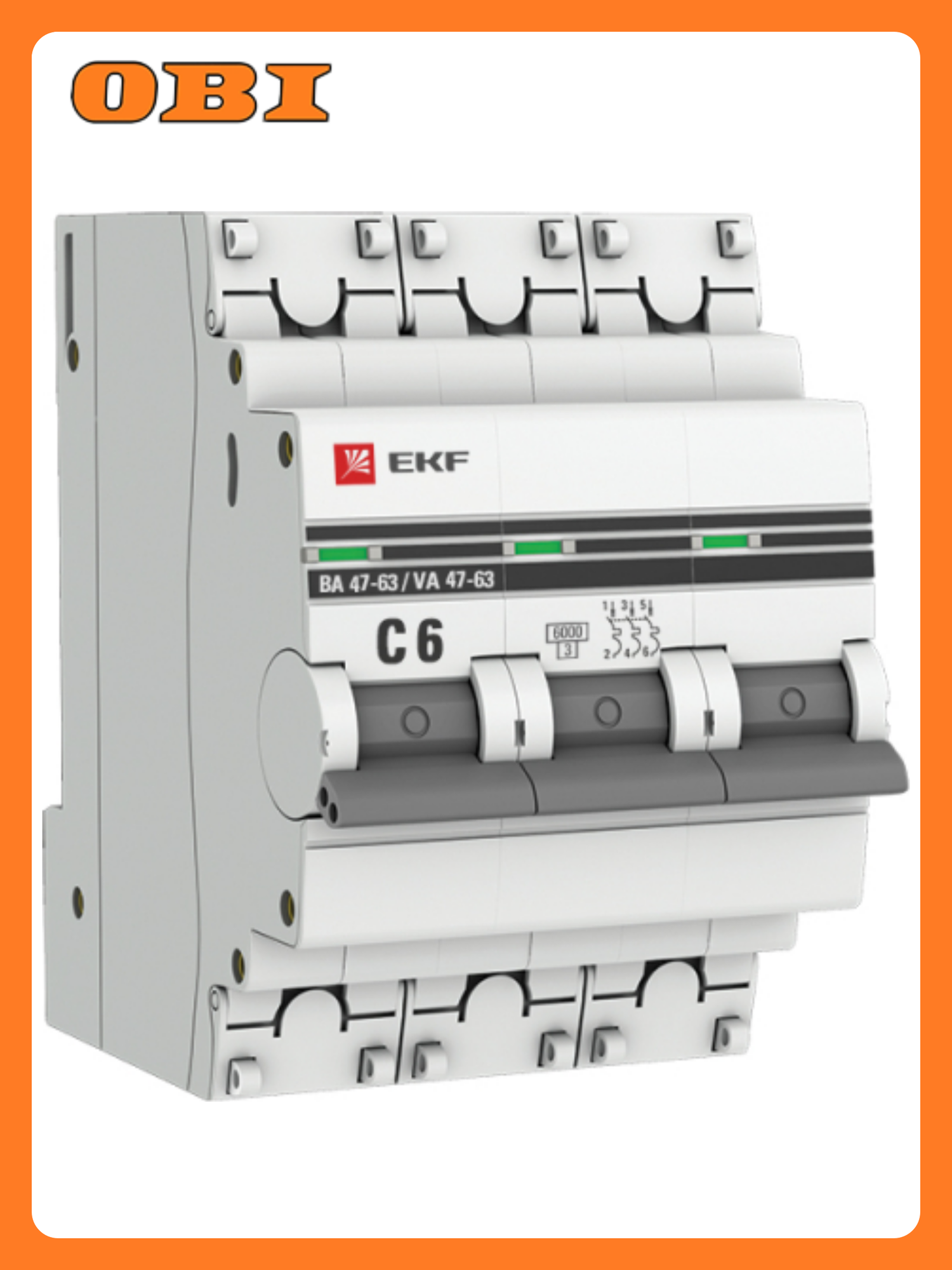 Автоматический выключатель EKF PROX 3P, трехполюсный, 6А, IP20, монтаж на DIN-рейку, кабельная клемма