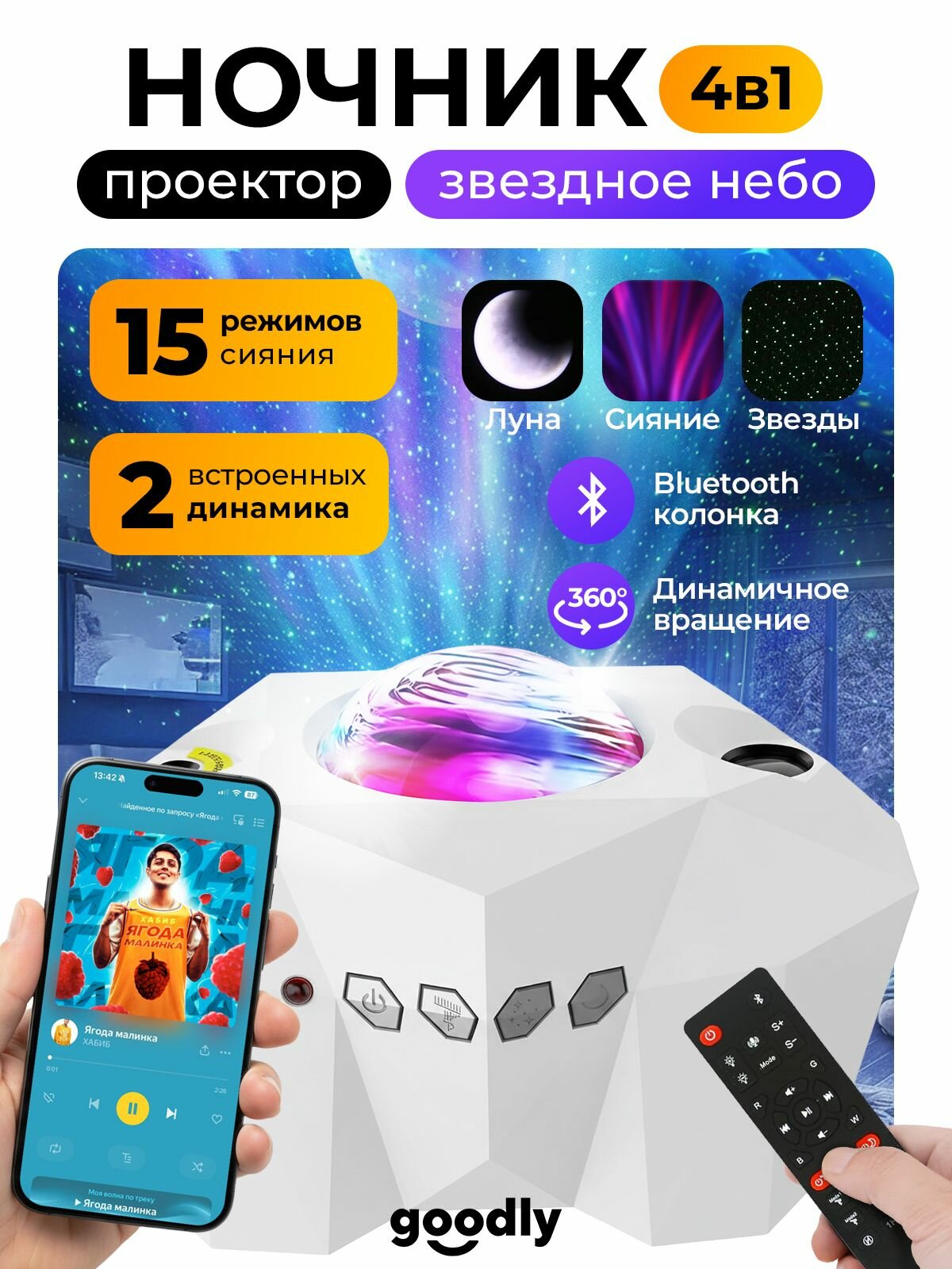 Проектор звездного неба Goodly Starry Projector с пультом, Bluetooth колонка и MP3 плеер, лазерный проектор, светильник ночник, лампа, белый