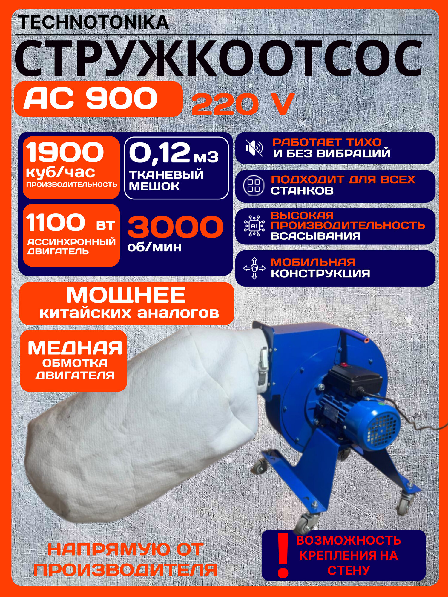 Вытяжная установка (стружкоотсос) TECHNOTONIKA АС-900 1.1 кВт 220V