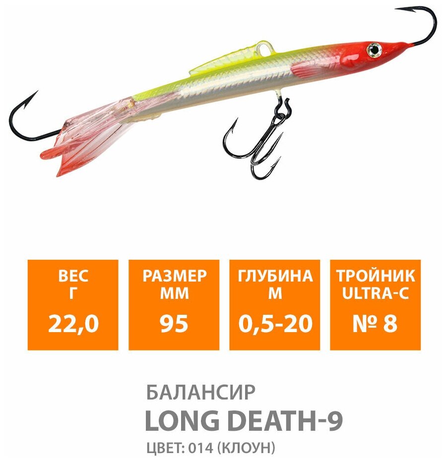 Балансир для зимней рыбалки AQUA Long Death 95mm 22g цвет 014