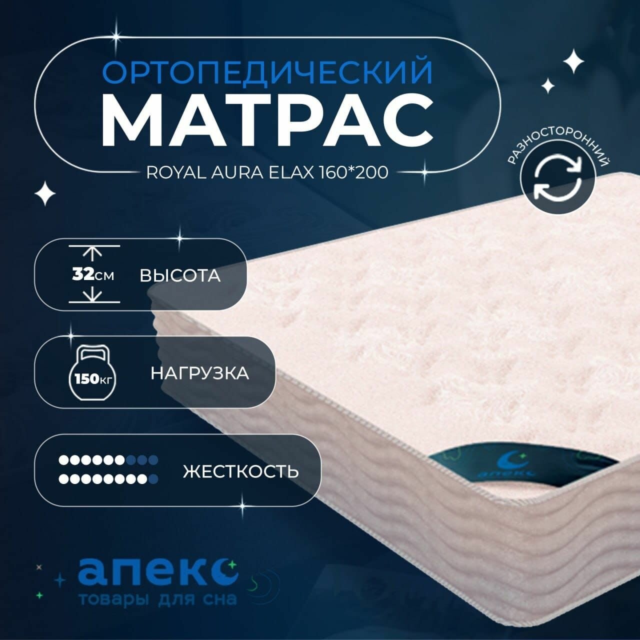 Матрас 160*200 апекс Royal Aura Elax Organic, Беспружинный, высокоэластичная пена Elax, Инновационный материал на основе полимерной матрицы