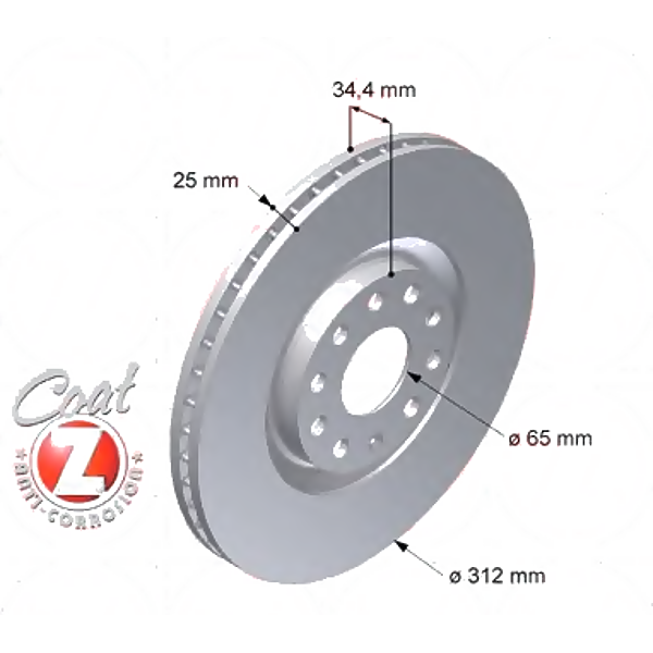 ZIMMERMANN 100.1240.20 (8L0615301 / 8L0615301A / 8N0615301A) диск тормозной перед. 312x25 / 34-5x100 \ Audi (Ауди)