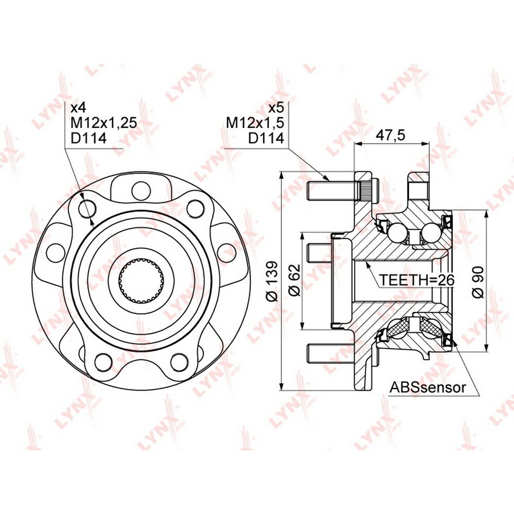 Ступица передняя в сборе L=R Toyota Auris 07->/Corolla 06-> LynxAuto WH-1012