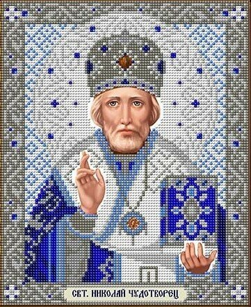 Ткань с рисунком для вышивания бисером Благовест ИС-4050 Николай Чудотворец (в серебре), 20 х 25 см (Бисер в комплект не входит.)