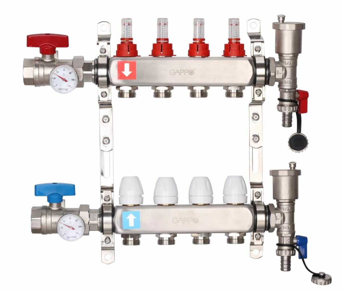 Коллектор регулируемый с расходомерами Гаппо G422.4 1"х3/4" 4 вых нержавеющая сталь
