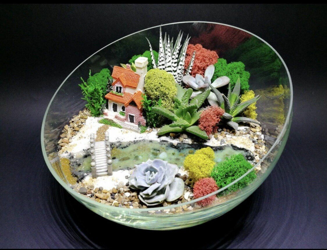 Флорариум дом у ручья / Комнатное растение дизайнерское с исскуственным водоёмом / Подарок
