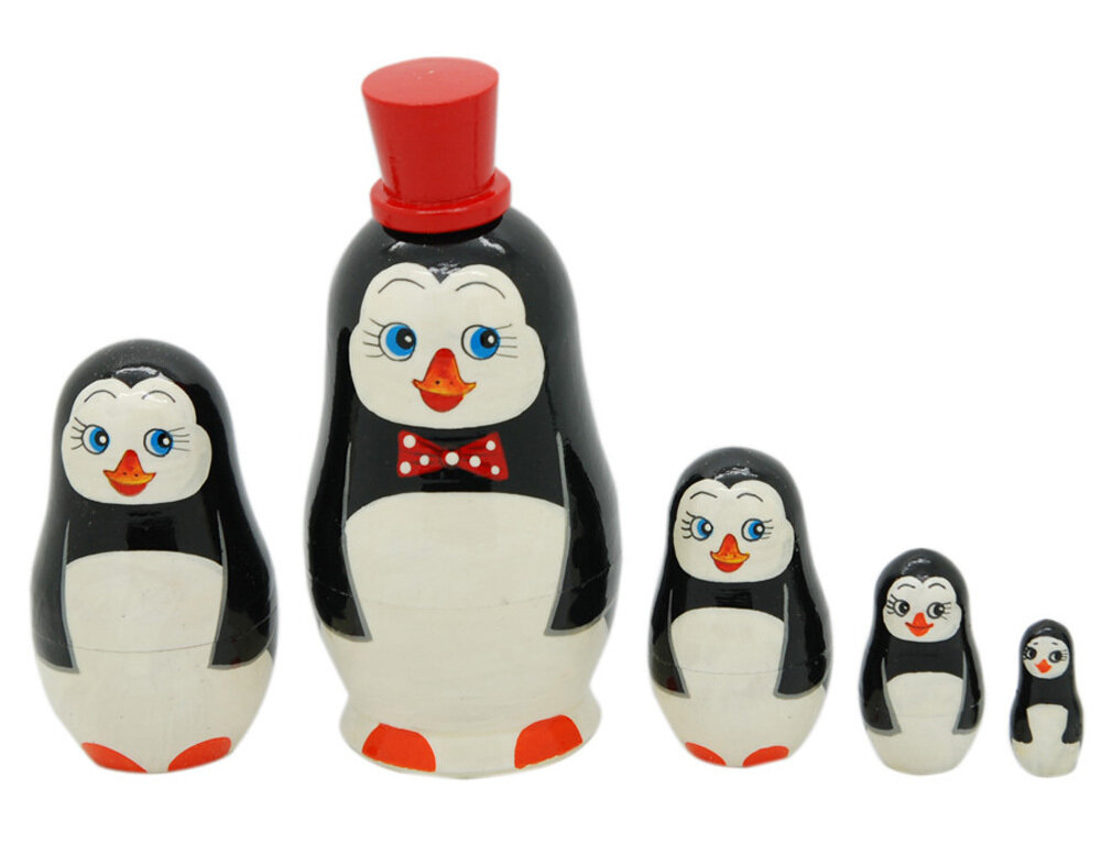 Матрешка авторская пингвин в красной шляпе 5 мест
