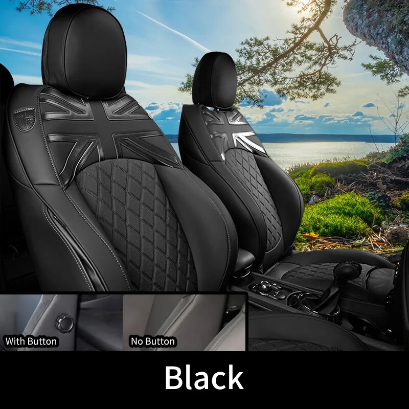 Набор чехлов на автомобильные сиденья, подходящий для Mini Cooper R50 R53 R55 R56 R57 R60, автомобильные аксессуары из искусственной кожи, защита сиденья автомобиля R55R56, Black, With Button, Front Rear Seat