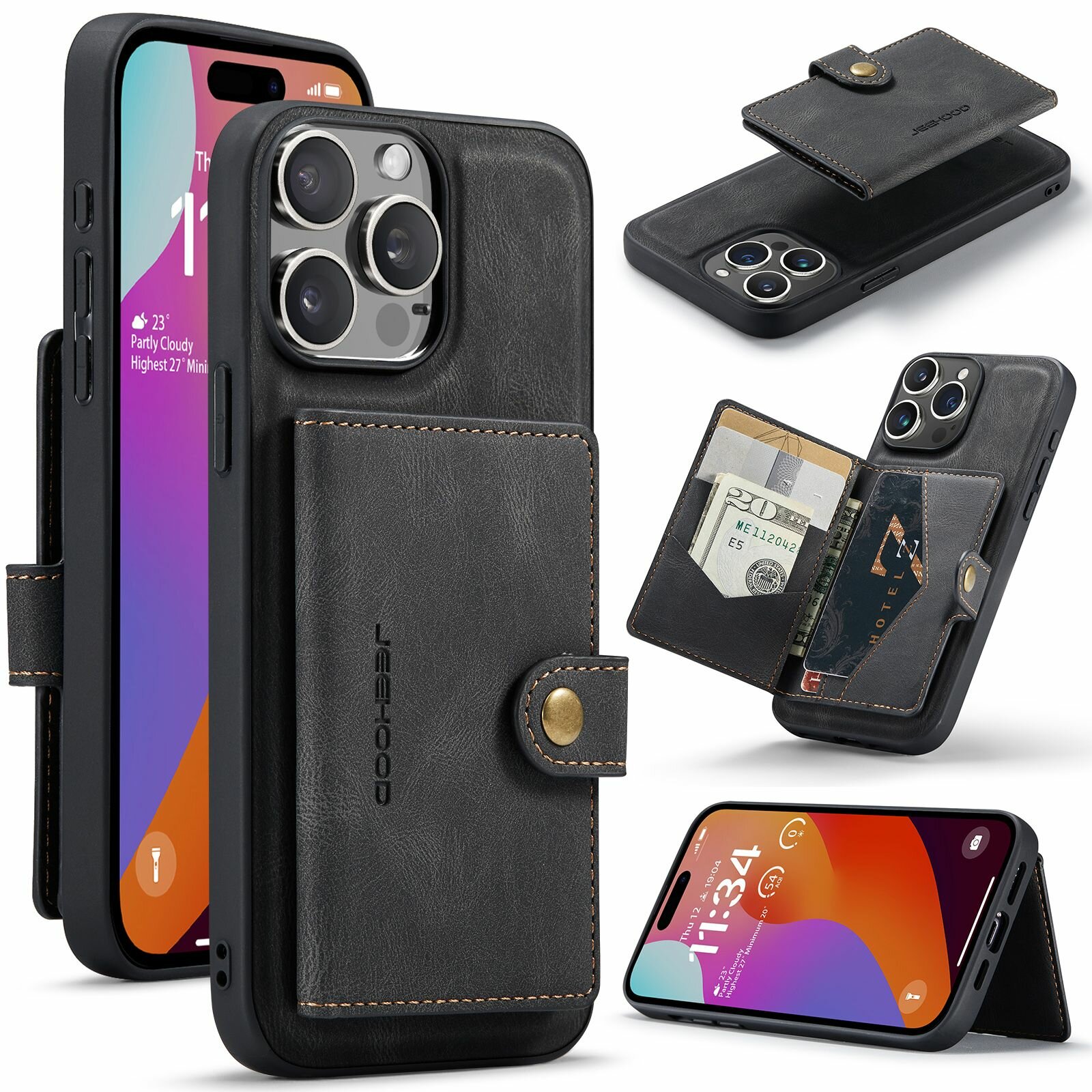 JEEHOOD Mагнитный кожаный чехол для Apple iPhone 15 Pro Max (Эпл Айфон 15 Про Макс), держатель магнитной карты, 2-в-1 чехол из спилка