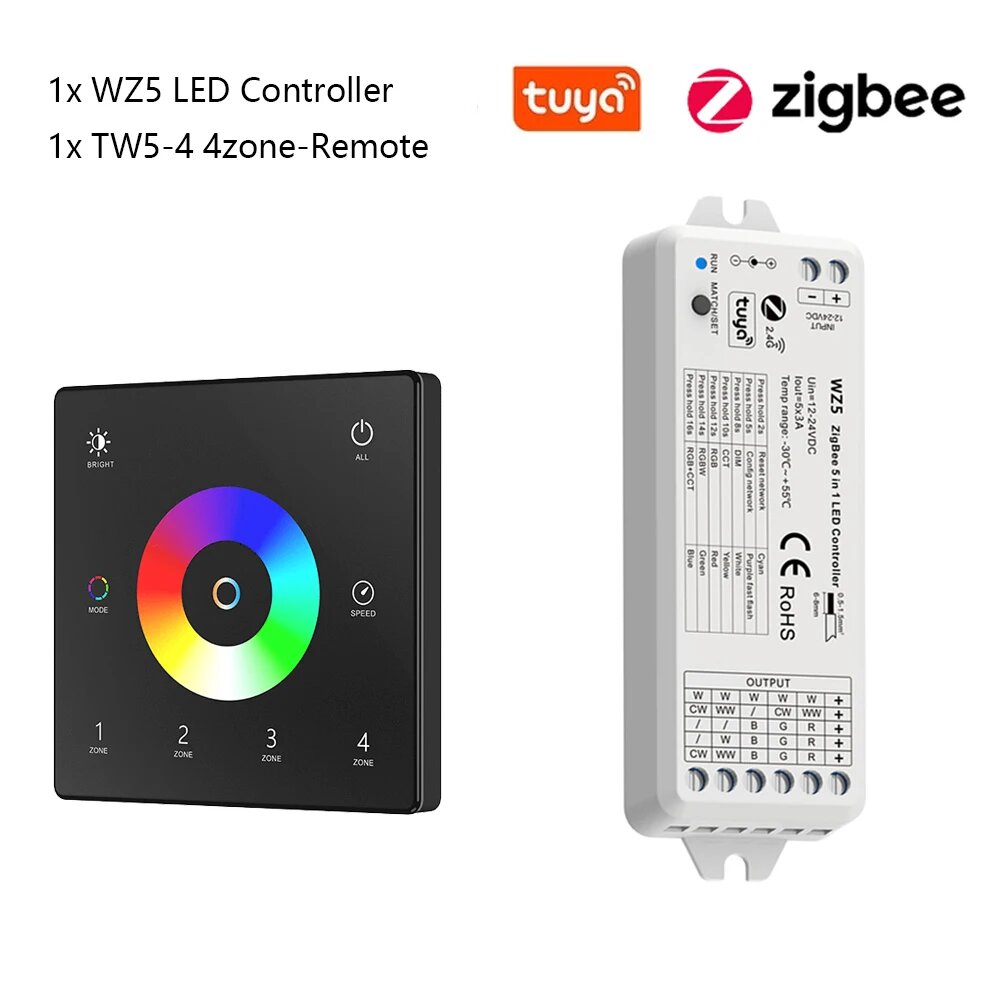 Tuya Zigbee RGB+CCT контроллер для светодиодной ленты WZ5 and TW5-4 B