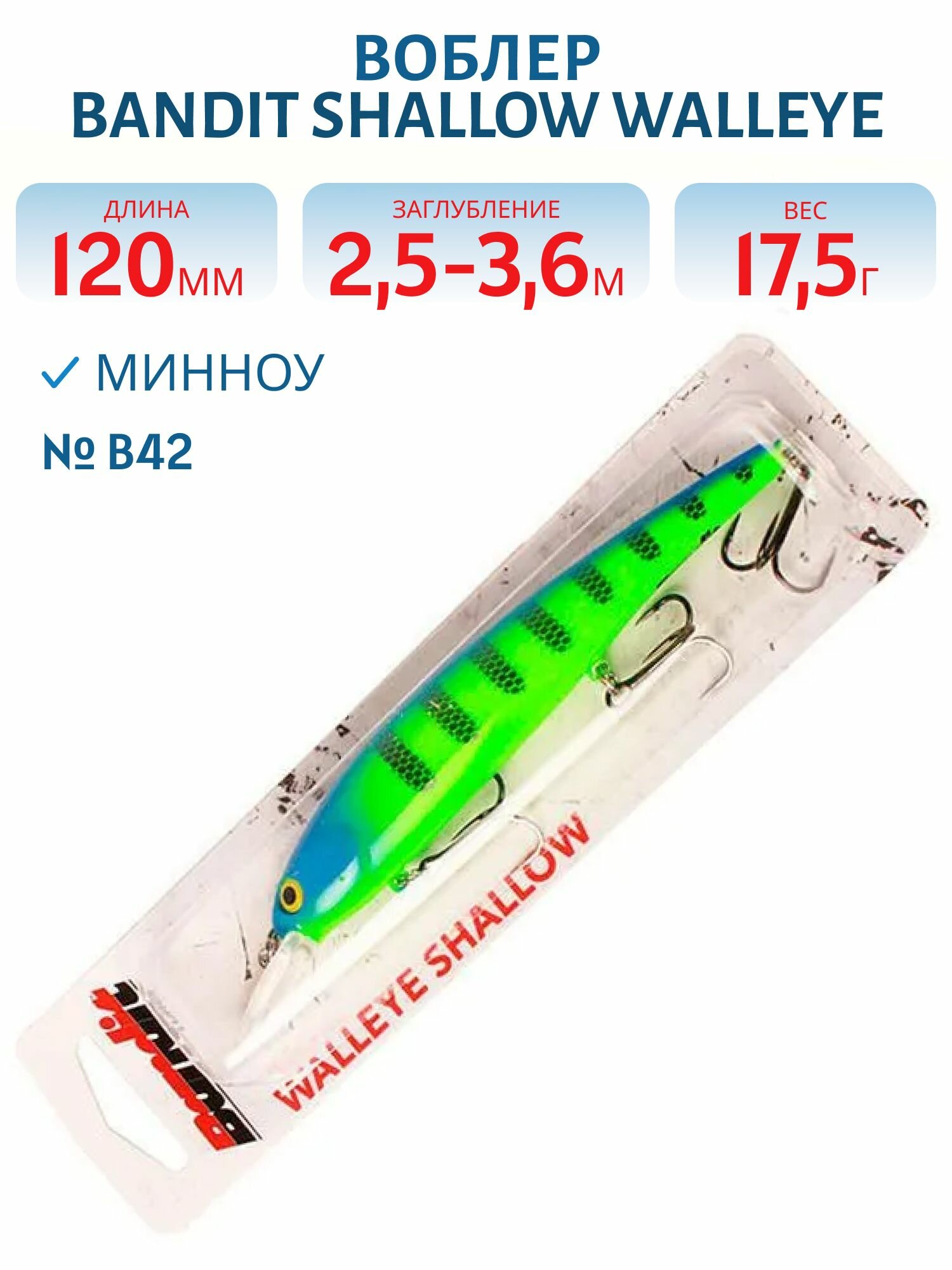 Воблер BANDIT SHALLOW WALLEYE, 120 мм, 17,5 гр, цвет B42