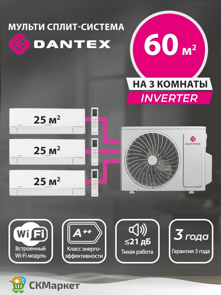 Инверторная мульти сплит система с Wi-Fi и голосовым управлением DANTEX на 3 комнаты (25+25+25) кв. м. RK-M09PDMIх3/ RK-3M21HM3E-W, кондиционер белого цвета