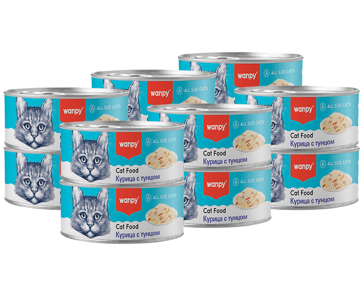 Корм влажный Wanpy Cat для кошек, курица и тунец, 95 г х 12 шт