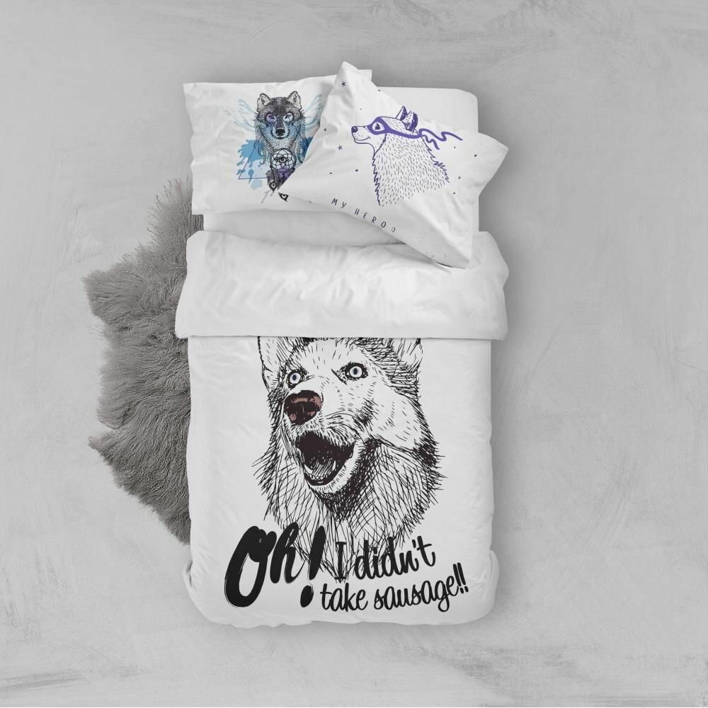 Арт комплект постельного белья Хаски, Семейный, наволочки 50/70