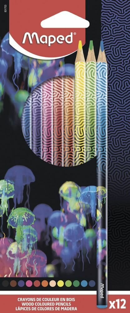 Цветные карандаши декорированные, MAPED DEEPSEA PARADISE, деревянные, треугольные, 12 цветов, в картонной коробке с подвесом