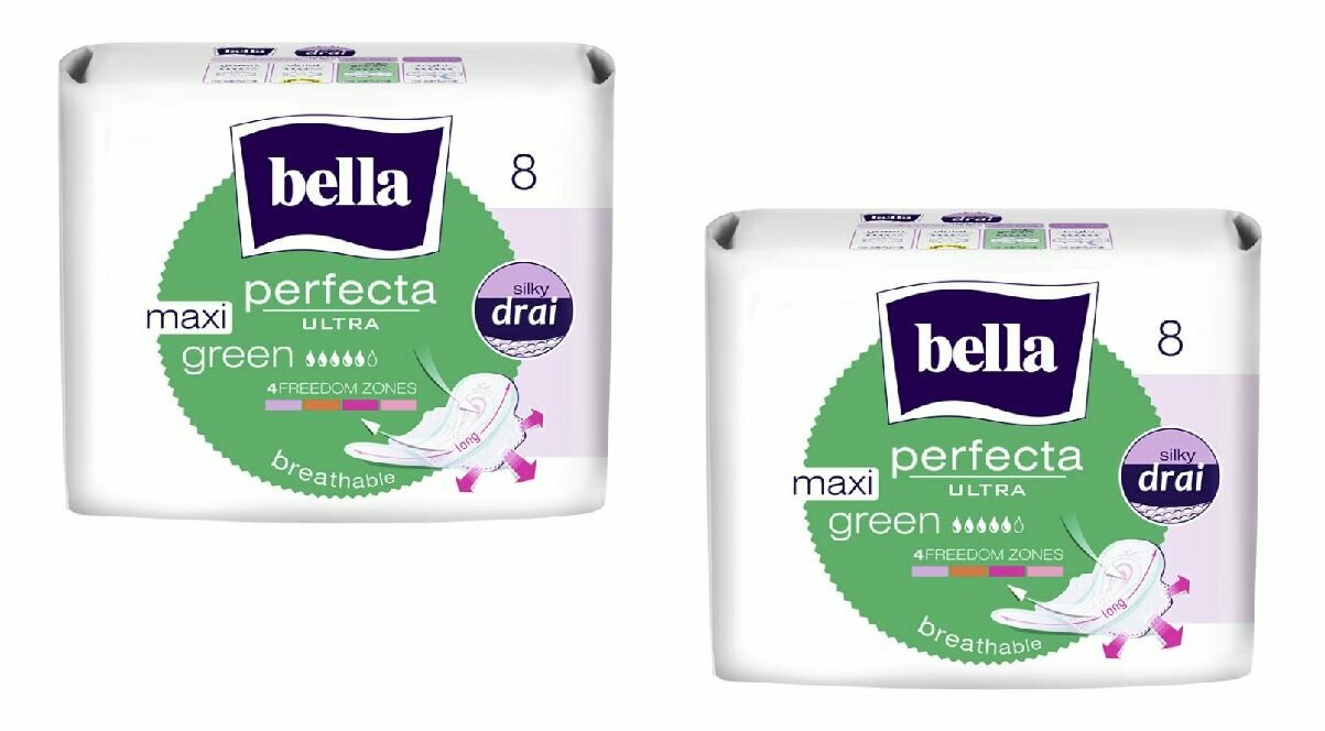 BELLA Прокладки гигиенические PERFEKTA MAXI "Green",8 шт, 2 упаковки