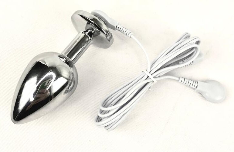 Металлическая анальная пробка для электростимуляции большая сталь серебро длина 8.3 см диаметр 3.3 см