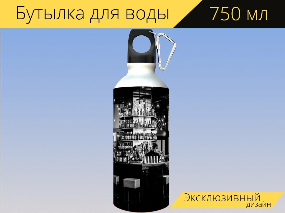 Бутылка фляга для воды "Бар, паб, бокалы для вина" 750 мл. с карабином и принтом