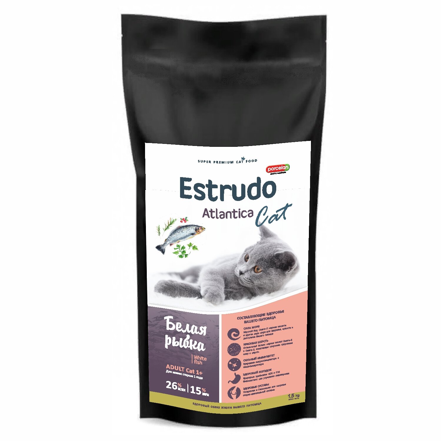 Сухой корм Estrudo Atlantica Cat (Белая рыбка) для кошек с чувств. пищ 1,5 кг