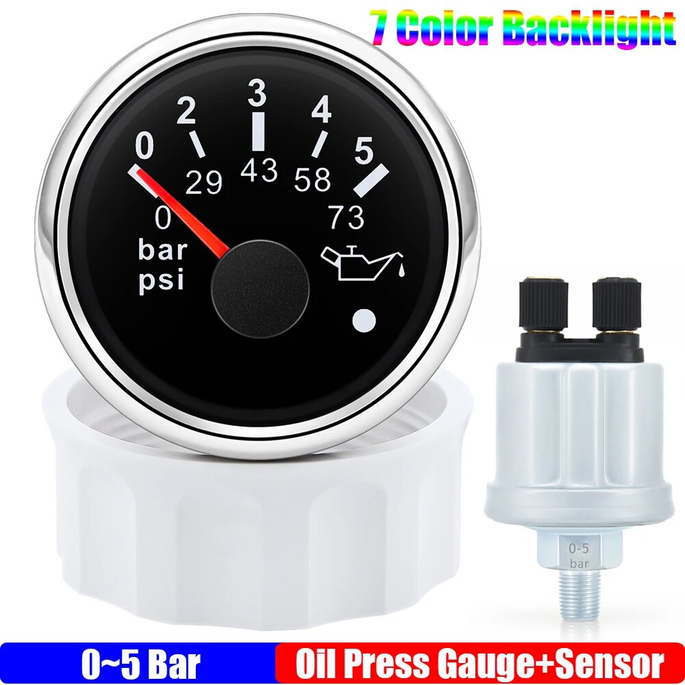 Манометр масла 0 ~ 5 бар с сигнализацией, 7 цветов, подсветка, 52 мм, измеритель масла + датчик 0 ~ 10 бар для авто, морской лодки, 12 В, 24 В, на заказ 0-5Bar BS