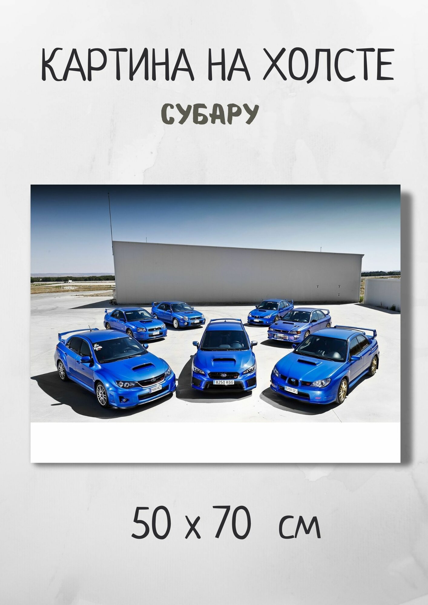 Фотокартина на холсте 70х50 с множеством автомобилей "Поколения Субару Импреза"