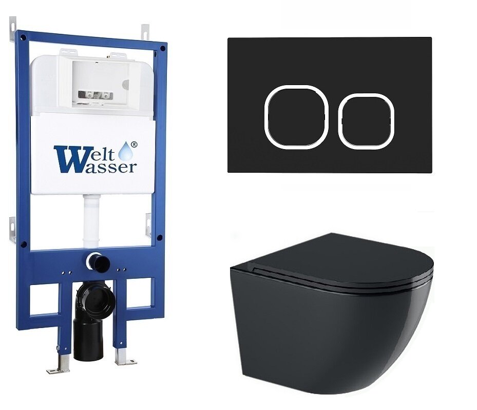 Унитаз подвесной WeltWasser BAMBERG 545+MERZBACH 043 GL-BL+BAMBERG BL черный глянцевый, безободковый, с крышкой микролифт, слив-торнадо, с инсталляцией и черной кнопкой