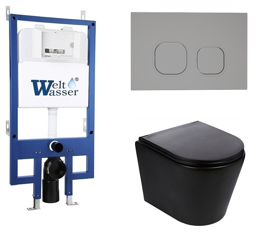 Унитаз подвесной WeltWasser BAMBERG 545+SALZBACH 043 MT-BL+BAMBERG CR черный матовый, безободковый, с крышкой микролифт, слив торнадо, с инсталляцией и кнопкой хром