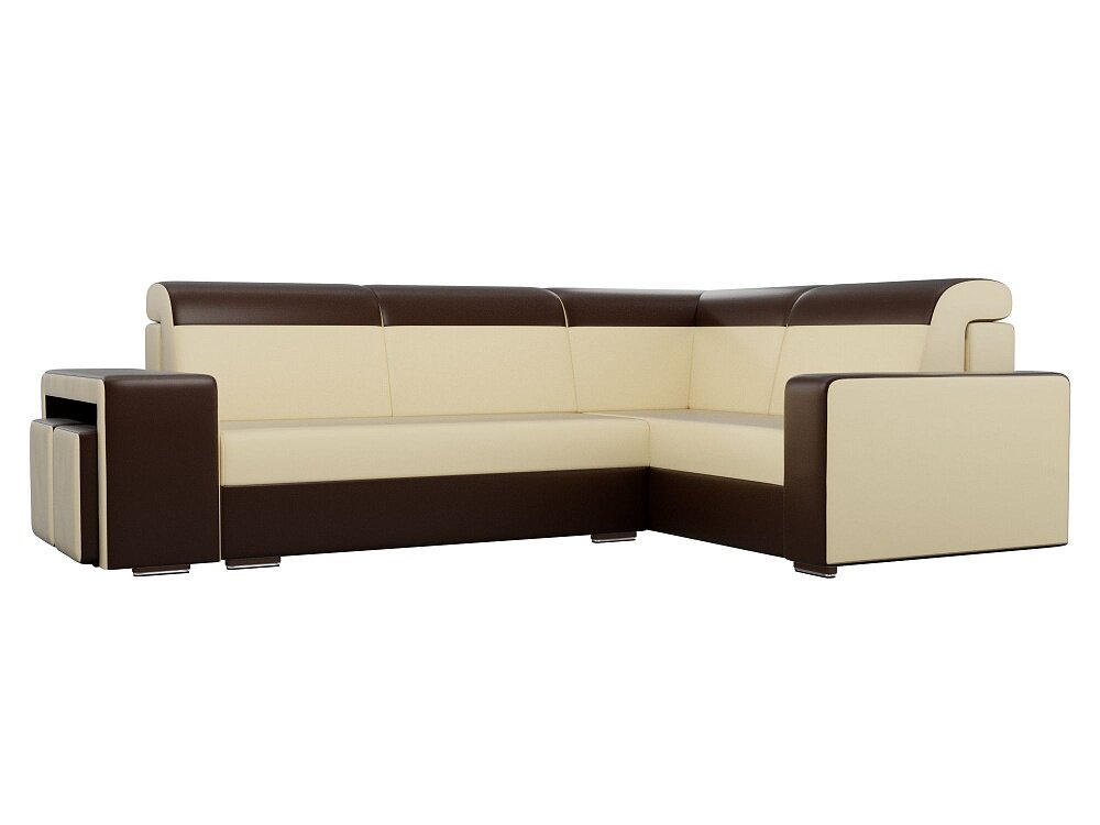 Угловой диван Мустанг с двумя пуфами Бежево-Коричневый Экокожа, еврокнижка, 275х210х93 см, с ящиком для белья