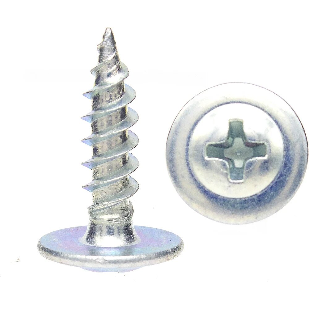 Саморез BOWT с пресс‑шайбой, острый, из оцинкованной стали, полусферная головка, Phillips шлиц, упаковка