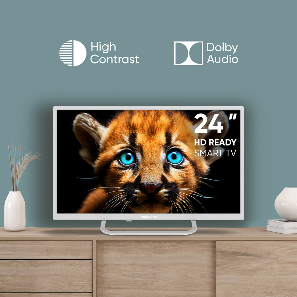 Телевизор 24 дюйма Topdevice, HD-разрешение, ОС WildRed, матрица VA, память 1-8 ГБ, белый (TDTV24BS02H_WE), уценка