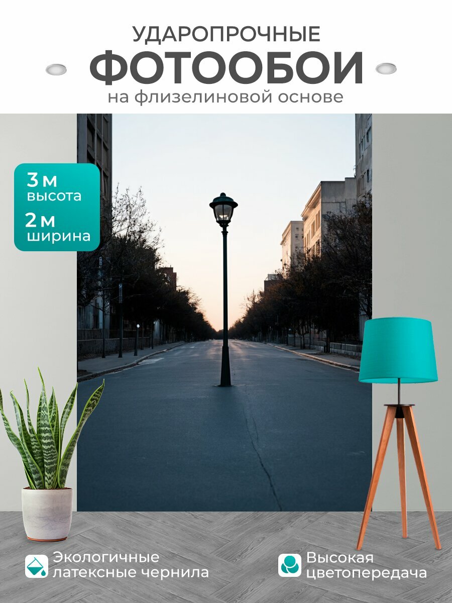 Фотообои моющиеся ударопрочные "Город в стиле минимализм, с изображением единственного элемента — уличного фонаря на фоне пустой улицы, подчеркивающего одиночество 200x300 см. флизелиновые на стену