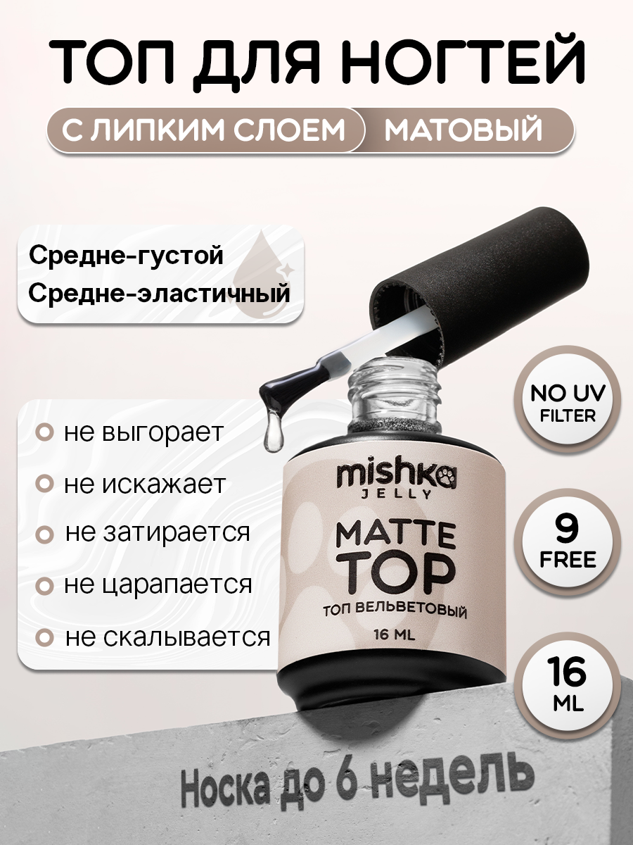 Топ для ногтей и маникюра матовый с липким слоем без уф фильтра Mishka Jelly Top Matte